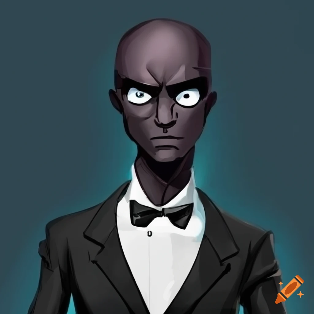 Cartoon hero wearing a black jacket and suit on Craiyon