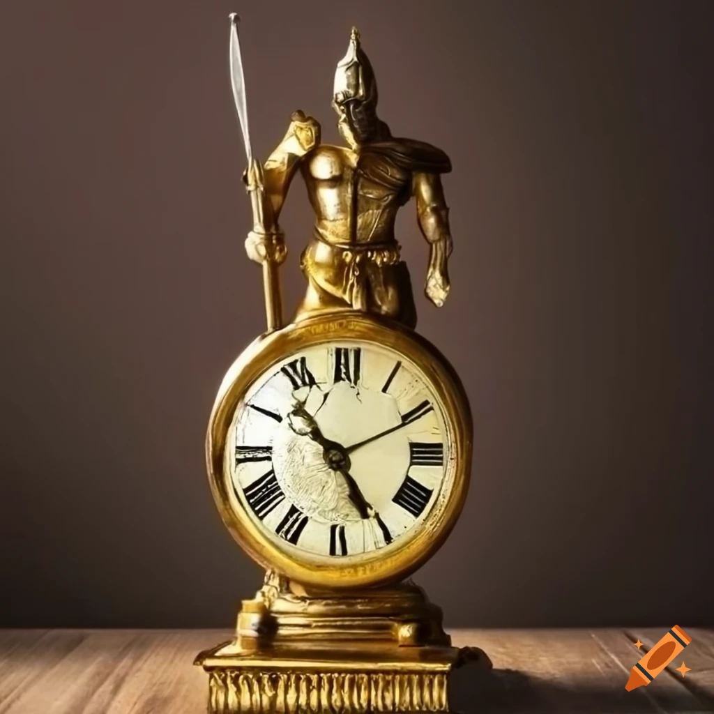 Antique warrior statue clock with dramatic window light on wooden table ...
