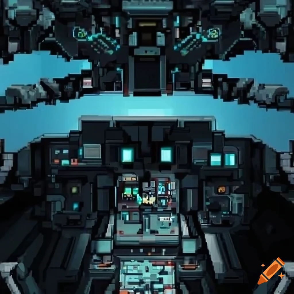 Pixelated view of a mecha cockpit in a retro game on Craiyon