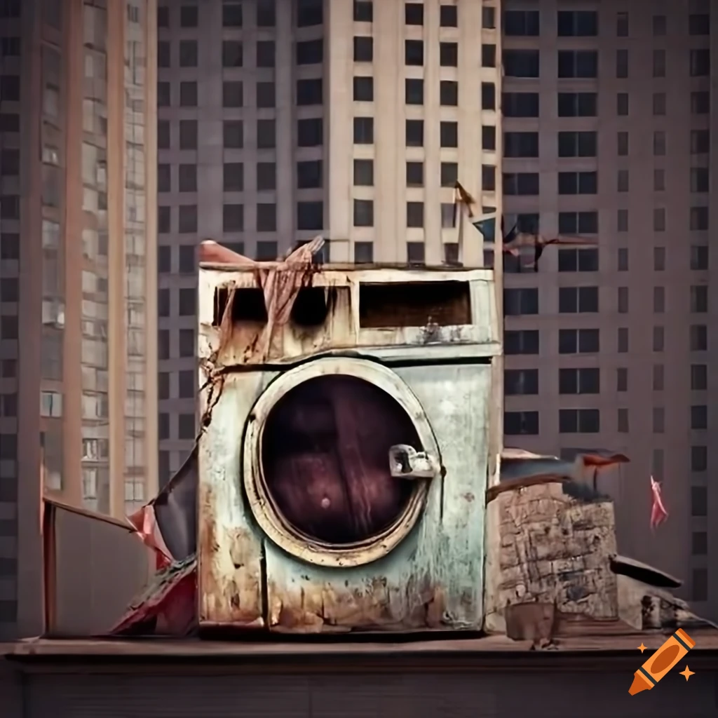 Vintage washing machine and clothesline on the roof of an upscale high ...