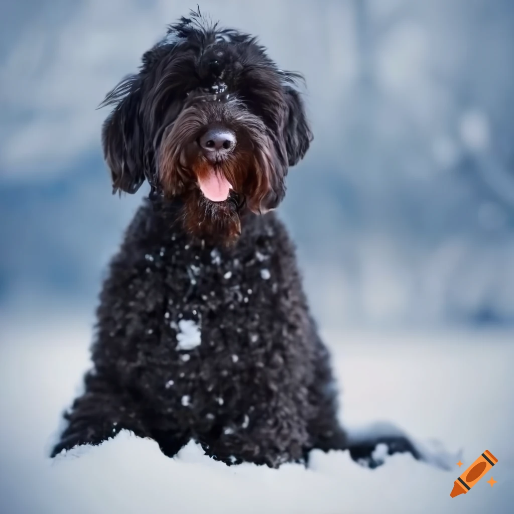 Black labradoodle sitting in snow on Craiyon