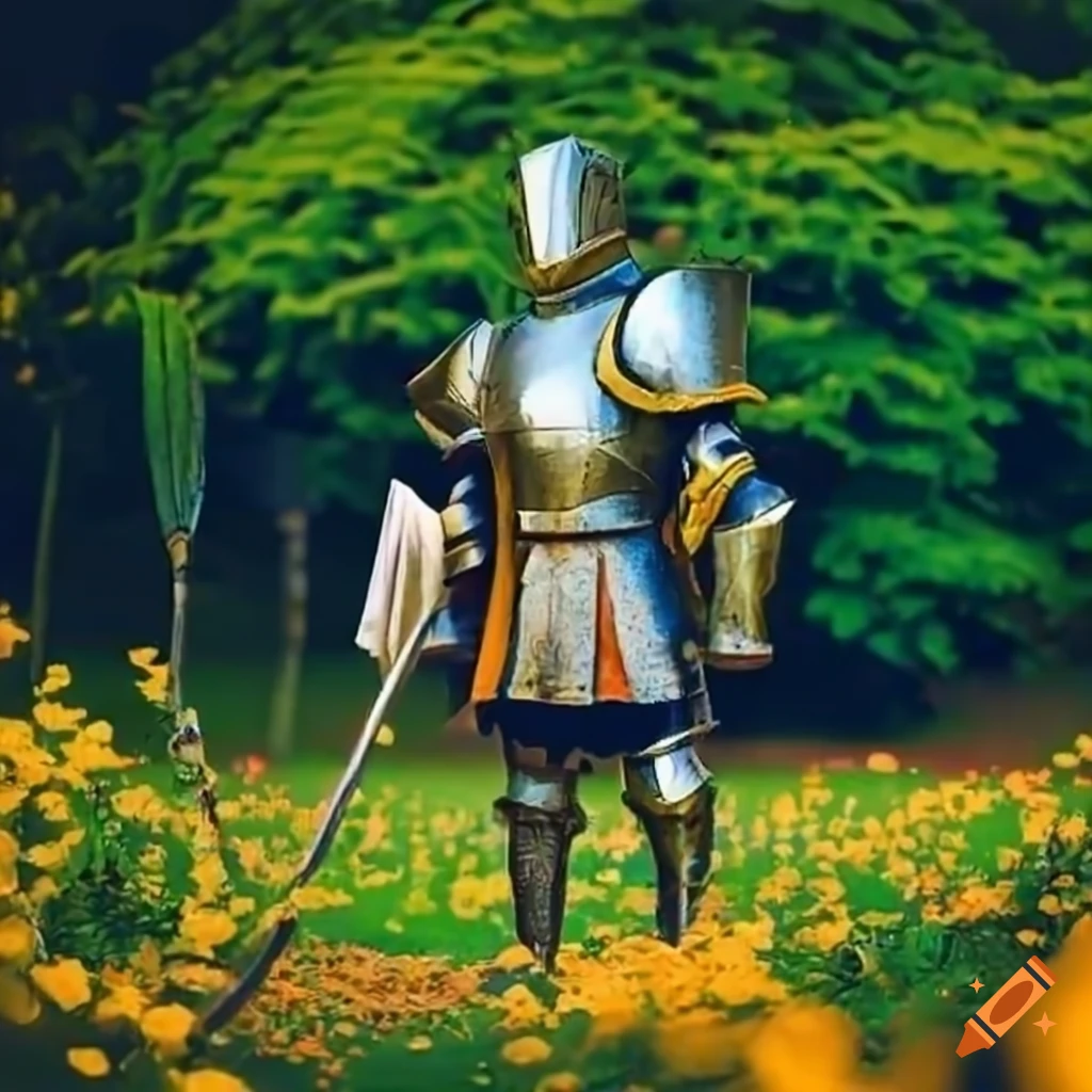 Brave knight strolling in a blooming garden on Craiyon