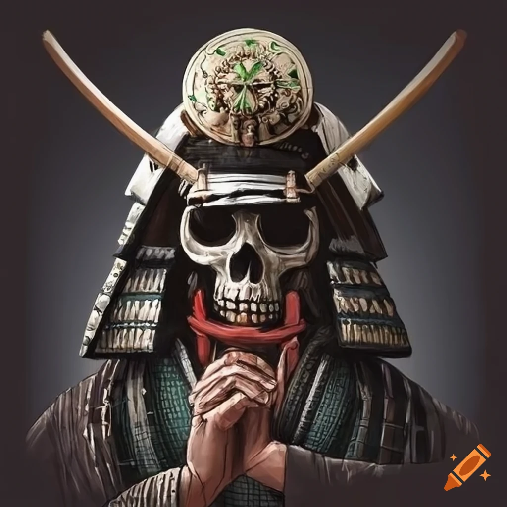 Samurai in kimono with skull mask and katana on Craiyon