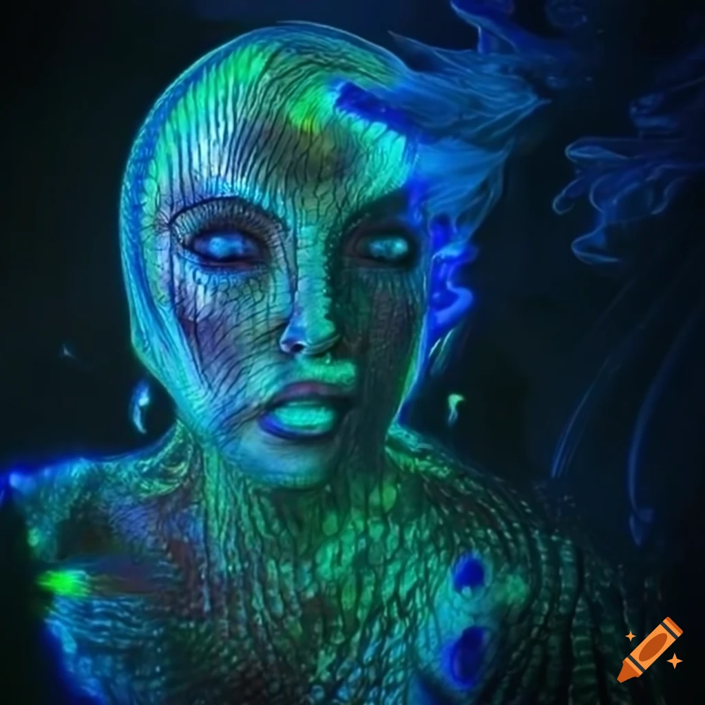 Close-up of biopunk mermaid showcasing bioluminescent scales, gills ...