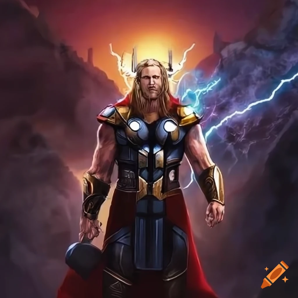 Thor with his girlfriend in a beautiful midgardian field on Craiyon