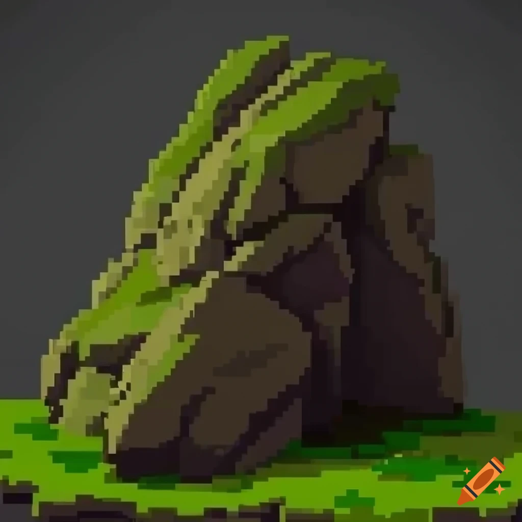 Detailed side view of a moss-covered boulder in pixel art on Craiyon
