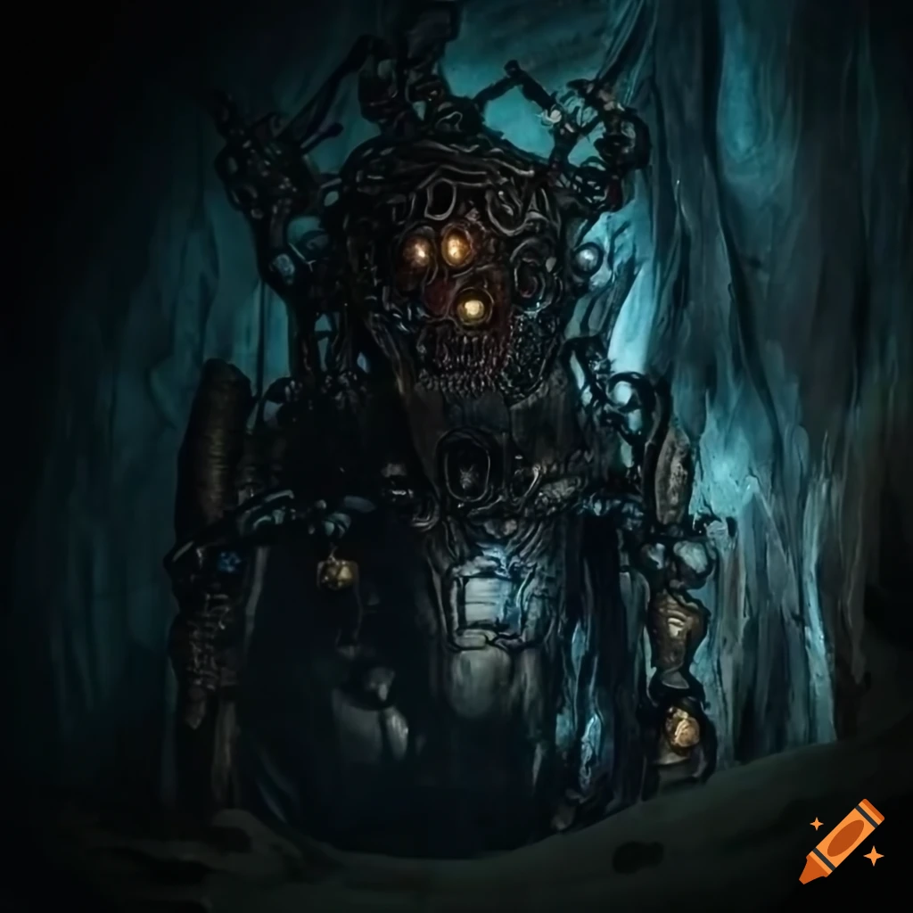 Large creepy mechanical robot in a dark cave on Craiyon
