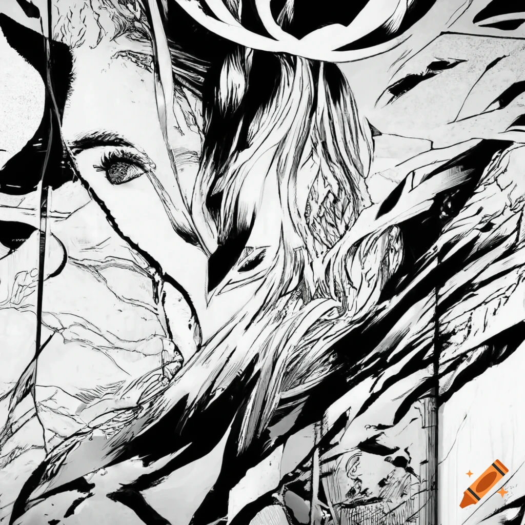 Black and white highly detailed manga panel with sharp outlines on Craiyon