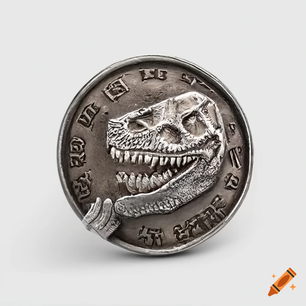 Antique silver metal dinosaur coin artifact on white background on Craiyon