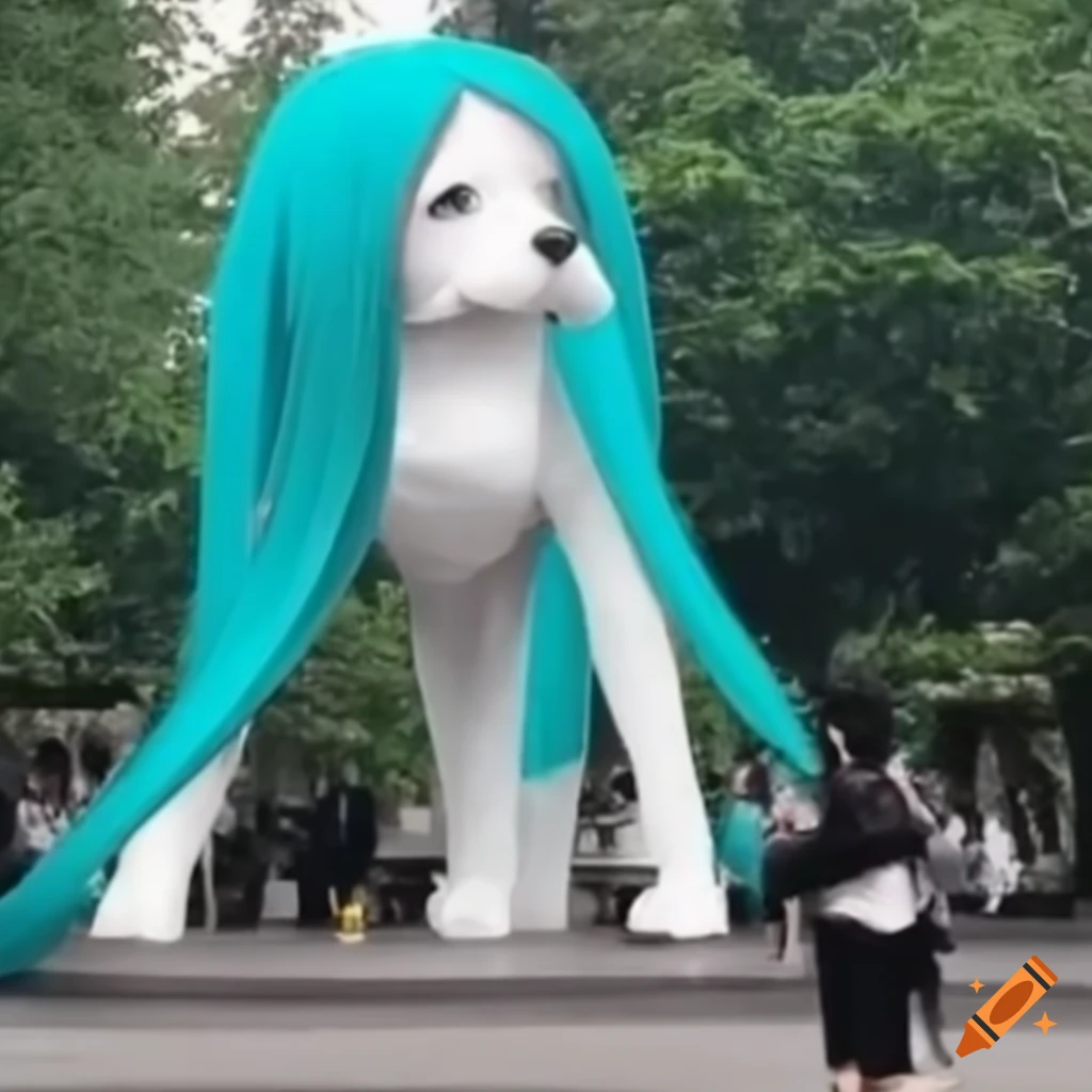 Giant dog statue in miku costume, trending on social media on Craiyon