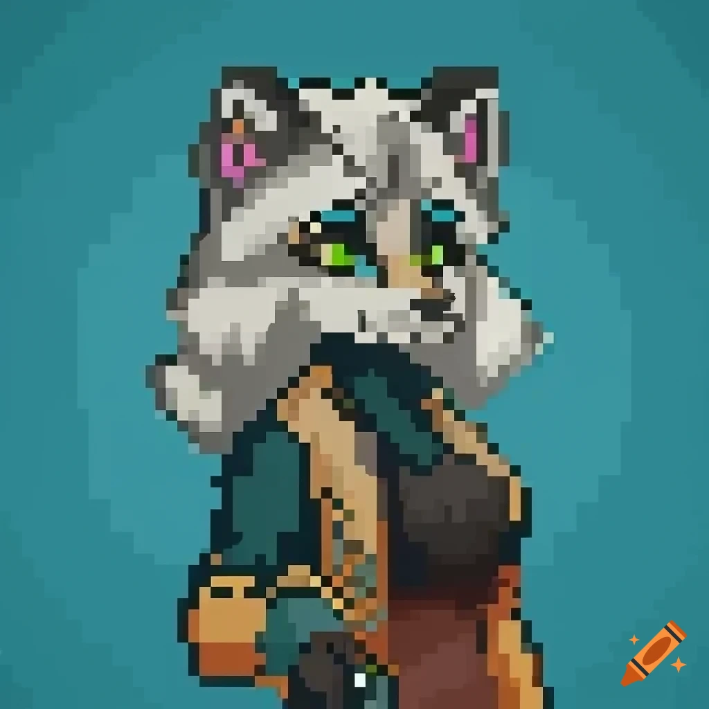 Detailed pixel art of a cute female raccoon furry character on Craiyon
