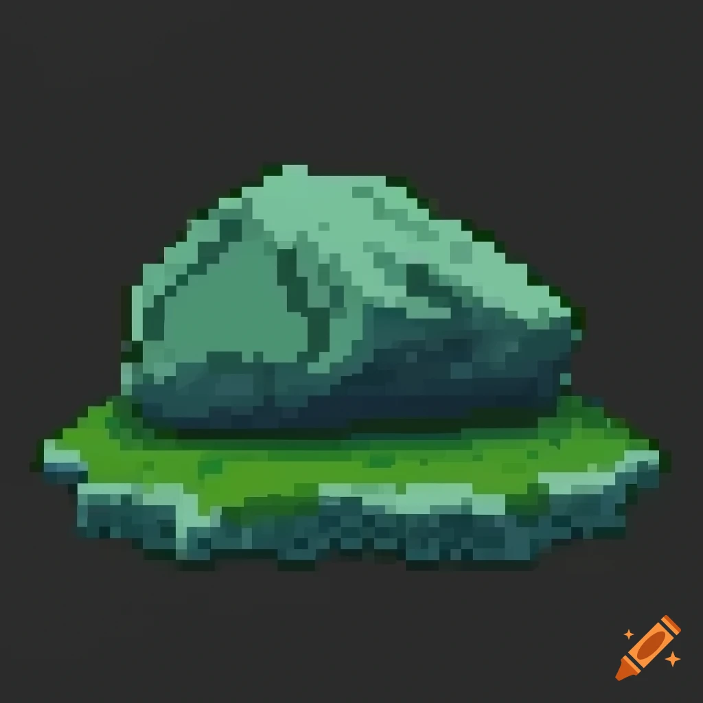 Detailed side view of moss-covered boulder in pixel art style on Craiyon
