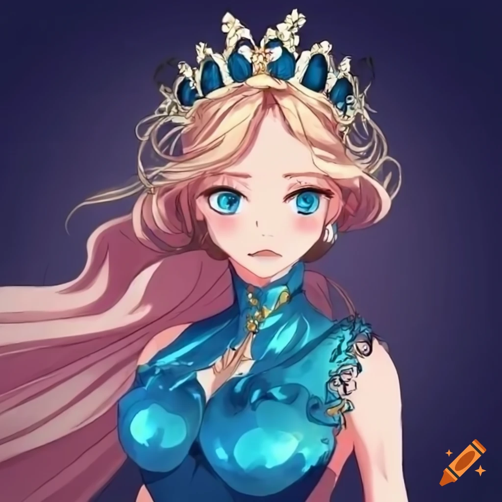 European princess in flowing dress posing contentedly in anime style on ...