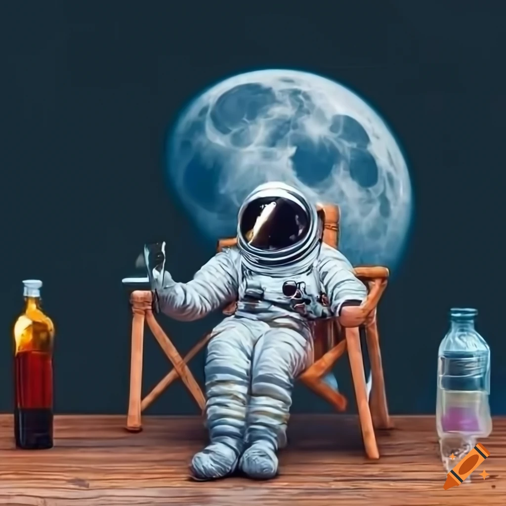 Astronaut smoking a cigar on the moon with another astronaut, liquor ...