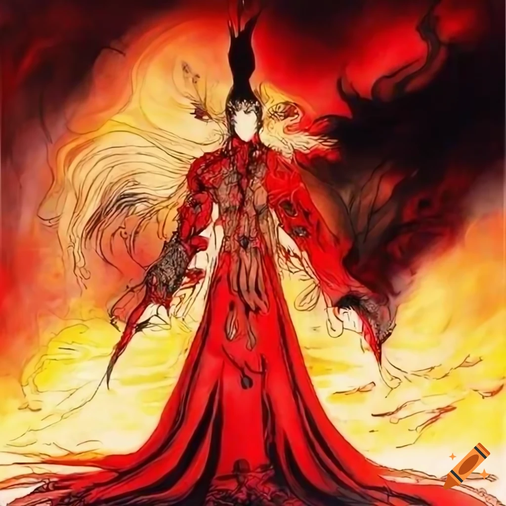 Full-body portrait of Salamander, God of Fire in Yoshitaka Amano style ...