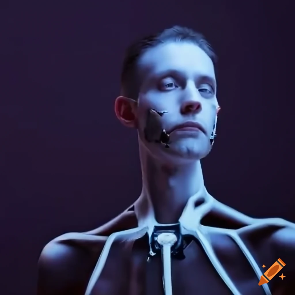 Futuristic engineering lab with a male cyborg surrounded by advanced ...