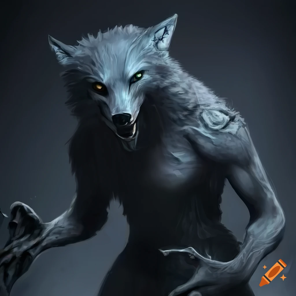 Dark fantasy humanoid alien wolf on a dark background, character ...