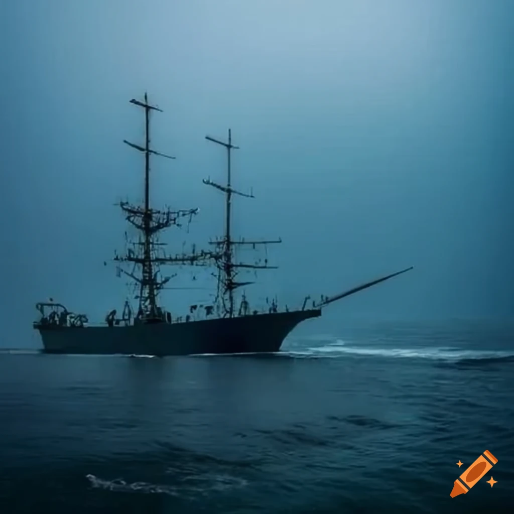 Windswept frigate being taken under by rough ocean waves on Craiyon