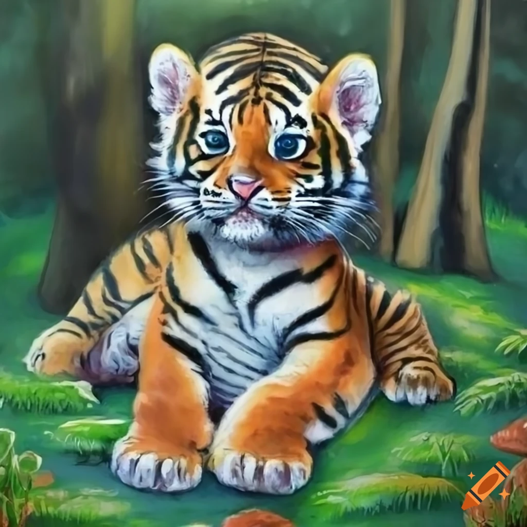 Baby tiger in a semi-realistic forest landscape watercolor painting on ...