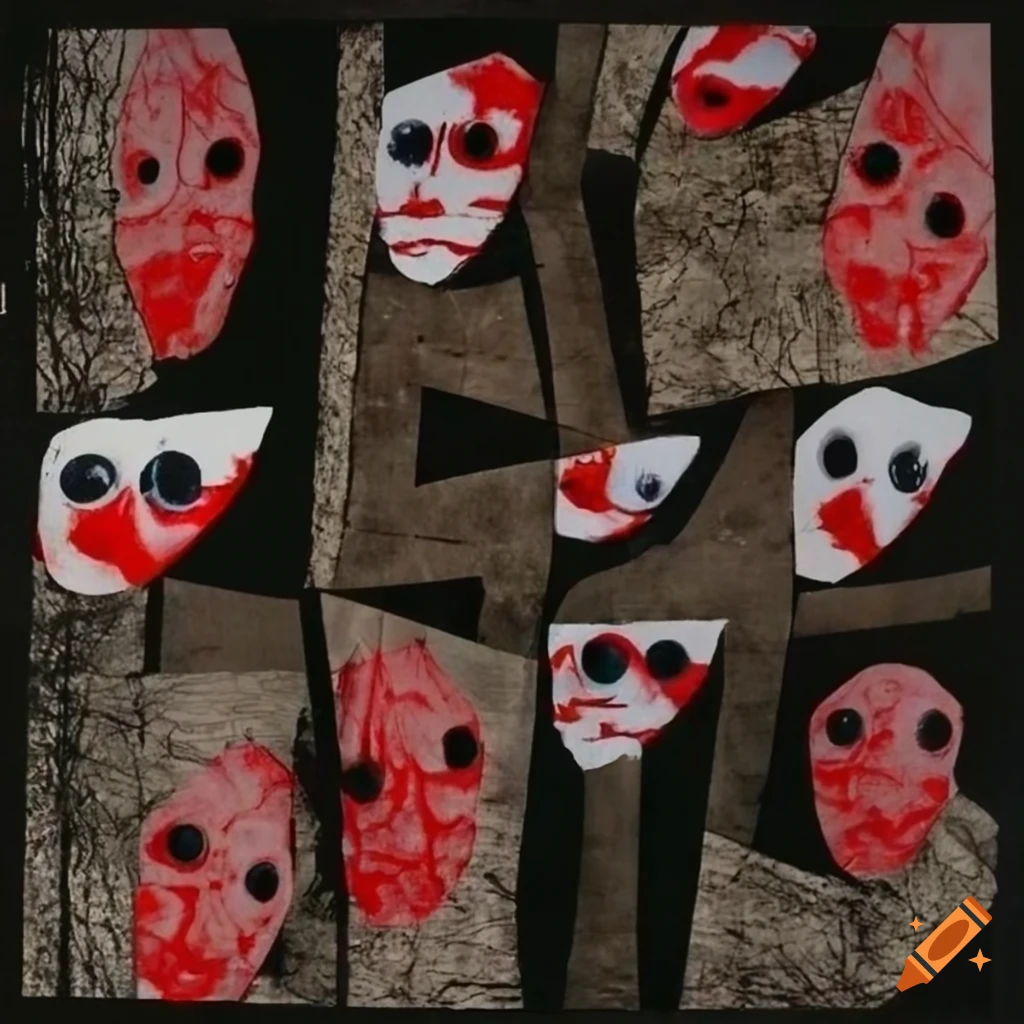 1980s collage dadaism with cutout bloodshot eyes in a dark forest on ...