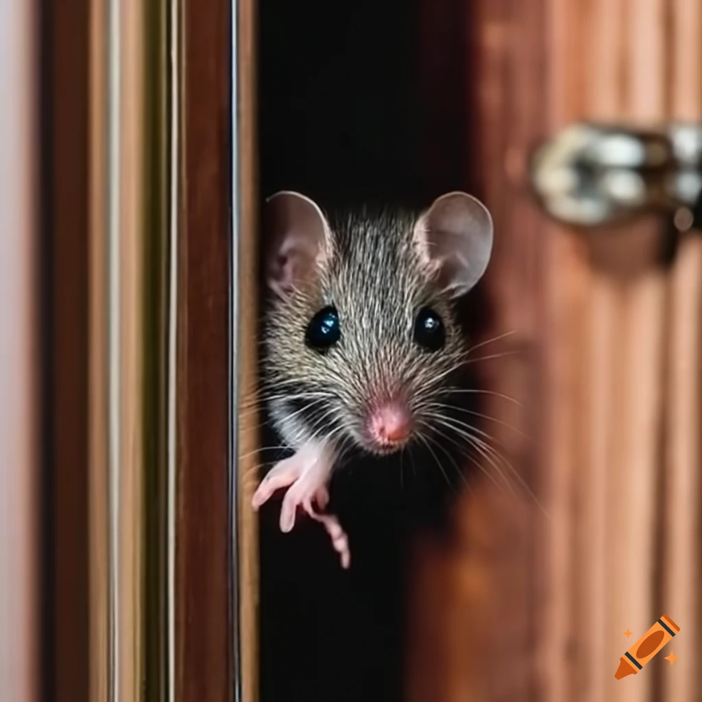 Curious green mouse peeking out from behind a door on Craiyon