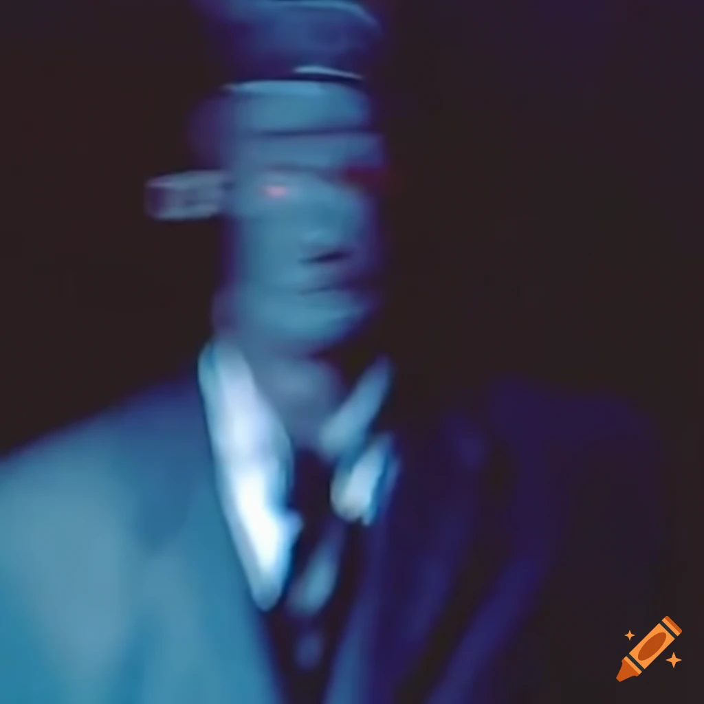 Newsman in a suit with a distorted face in vhs trail cam footage on Craiyon