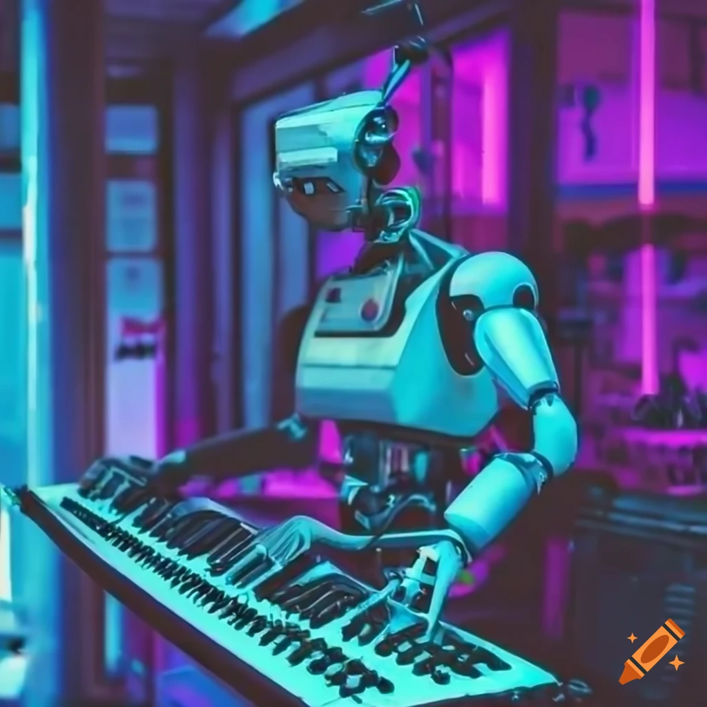 Cyberpunk robot playing synthesizer in front of dilapidated gas station ...