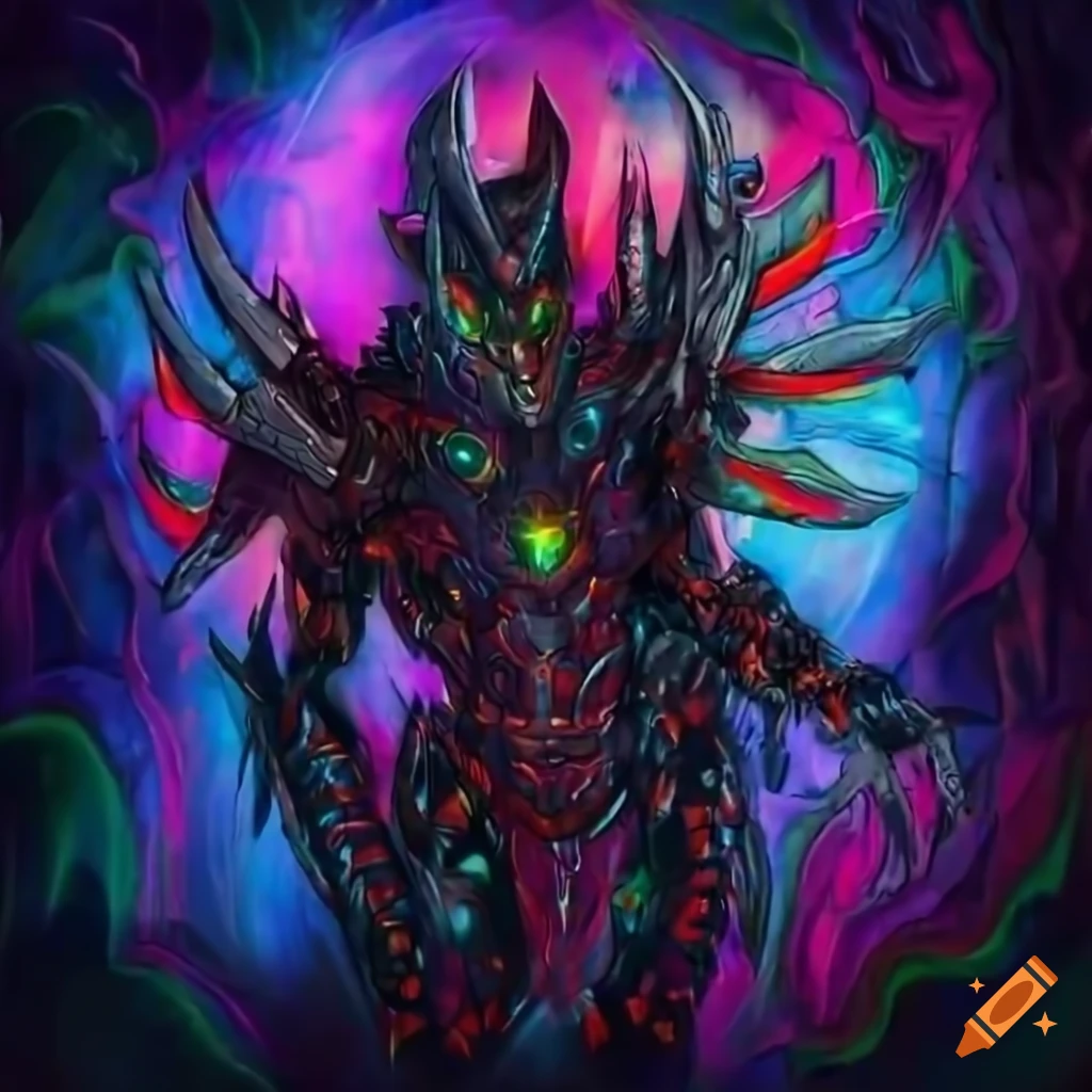 Powerful muscular dragon warrior robot in detailed armor with colorful flames, neon forest in ...