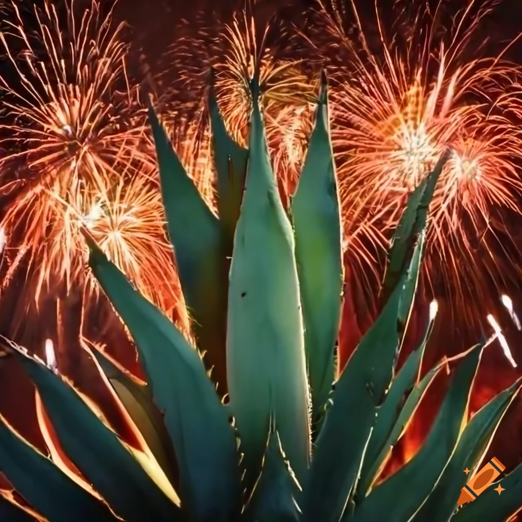 Closeup of an agave plant in a maguey field with fireworks on Craiyon