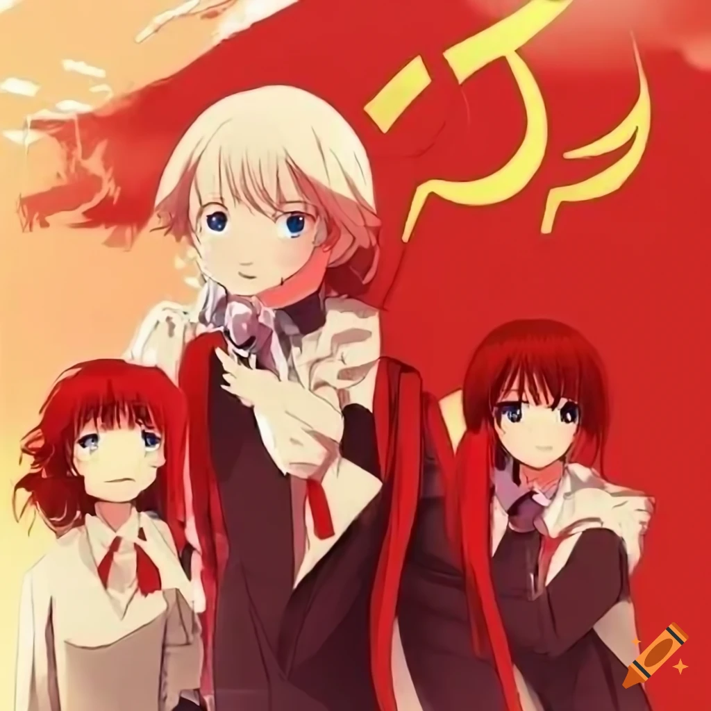 Anime style depiction of a crowd with a communist theme on Craiyon