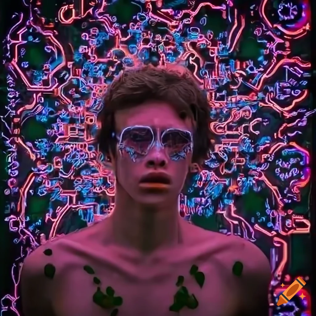 Skinny dazed man surrounded by neon circuitry flowers on Craiyon