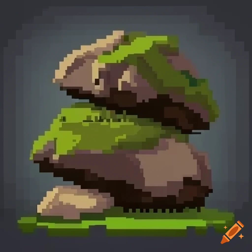 Detailed side view of moss-covered boulder in pixel art style on Craiyon