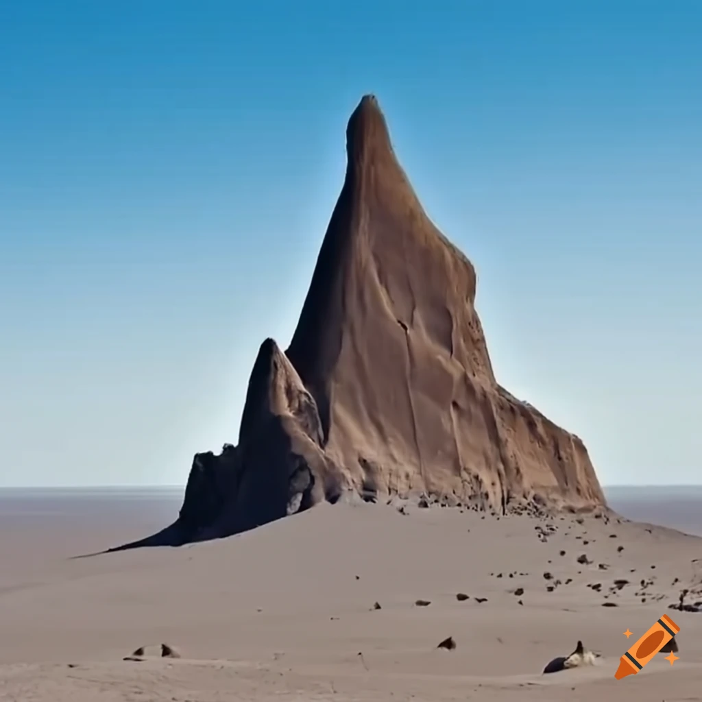 Uniquely shaped mountain in a gray desert landscape on Craiyon