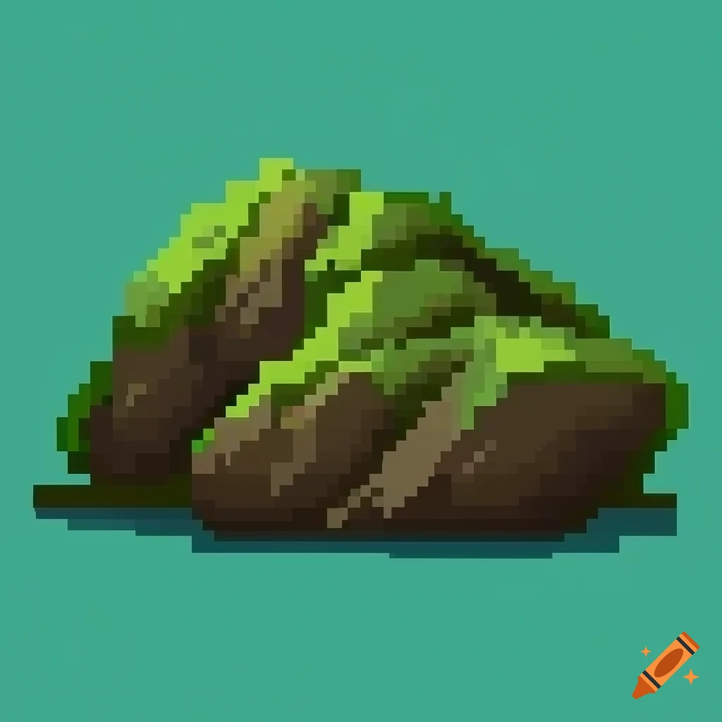 Detailed side view of moss-covered boulder in pixel art on Craiyon