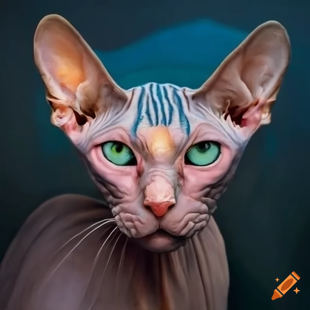 Intricately detailed close-up portrait of a sphynx cat with a humanoid ...