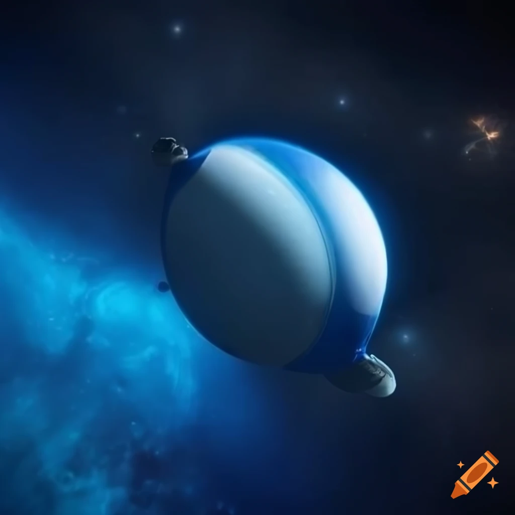 Highly detailed giant blue and white spaceship with mechanical arms in deep space on Craiyon