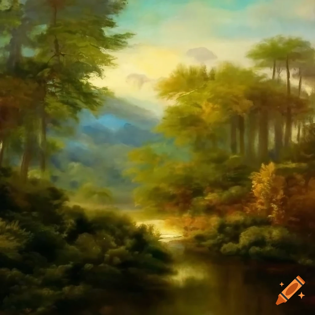 Rococo oil painting scenery with pines and cypresses in italian forest ...