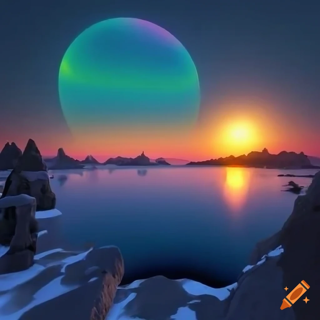 Breathtaking 3D scene of a mountain lake at sunset with radiant glow ...