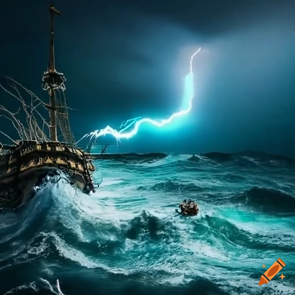 Ornate galleon in perilous seas with crashing waves and lightning on ...