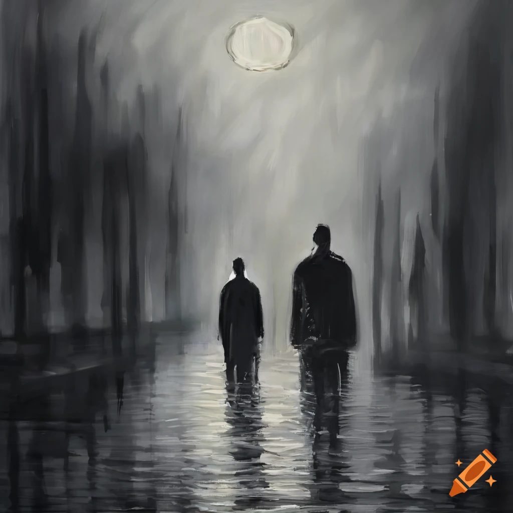 Impressionist painting of two men walking through the night fog on Craiyon