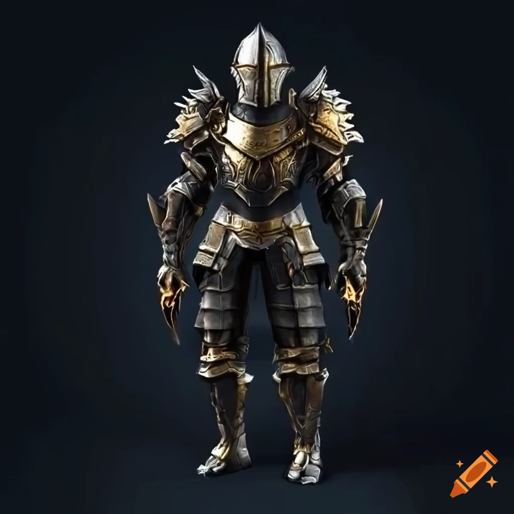 Medieval knight in black and gold armor with menacing helmet on Craiyon