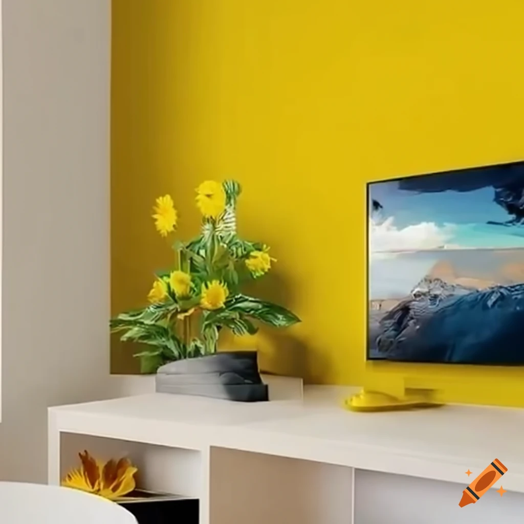 Modern living room with black samsung tv and bright yellow sunflower on ...