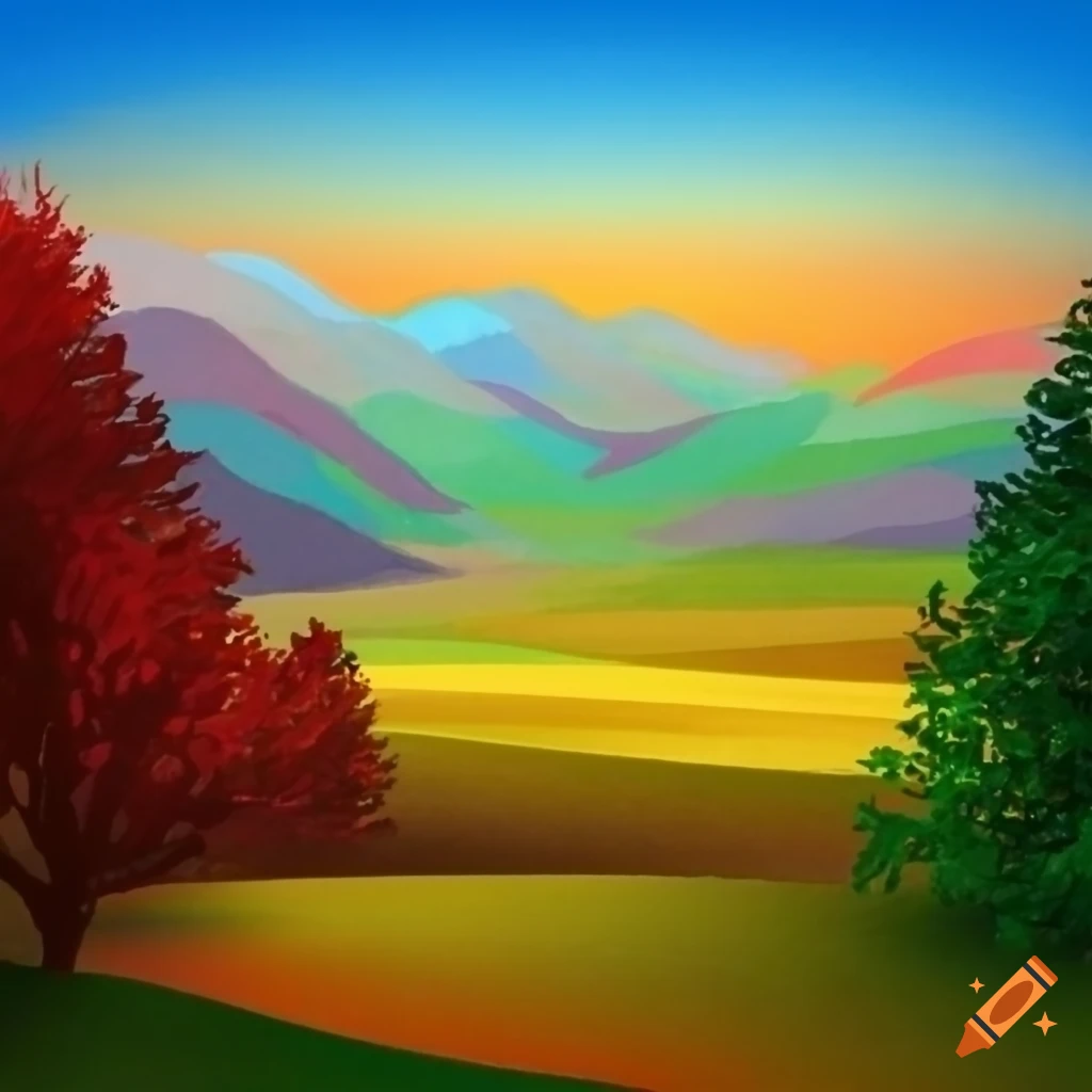 Rolling hills with trees and vanishing points creating perspective on ...