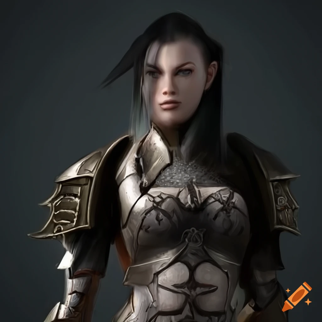 Light gray skinned female elf in scale armor with jet black hair on Craiyon