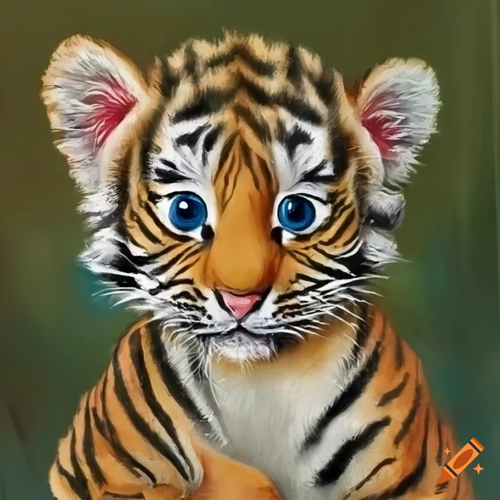 Baby tiger in a semi-realistic forest landscape watercolor painting on ...