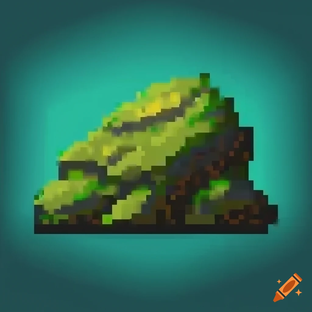 Detailed side view of a moss-covered boulder in pixel art on Craiyon