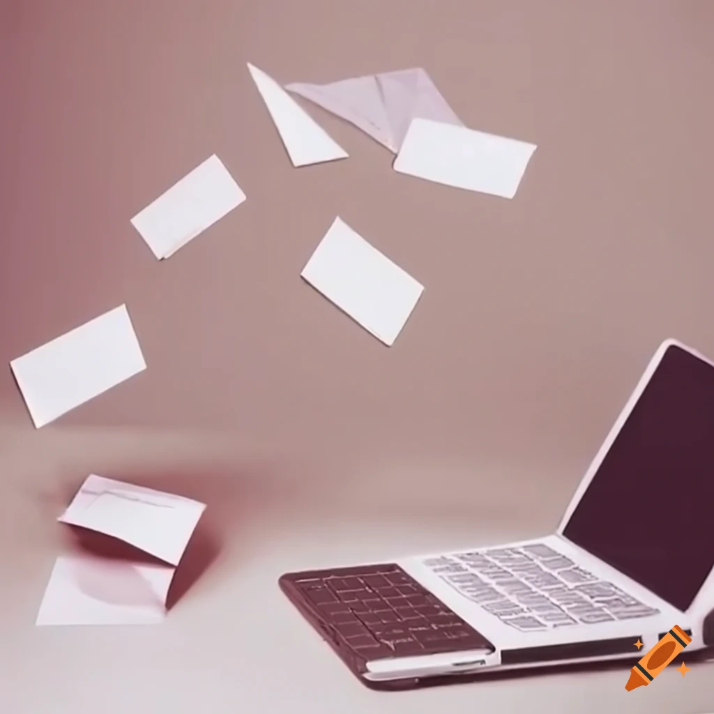 Envelopes flying around a desk with a laptop on Craiyon