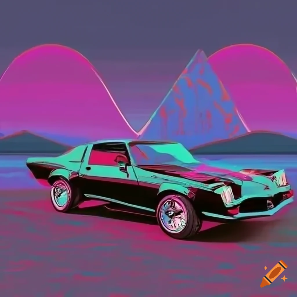 Black 1979 camaro racing across saturn's rings in vaporwave style on ...