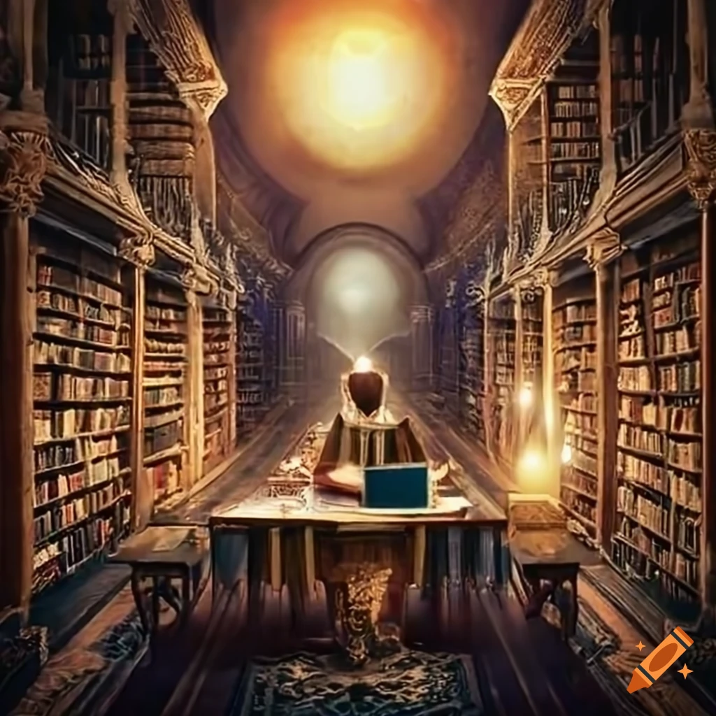 Spiritual librarian organizing books in the Akashic records library ...