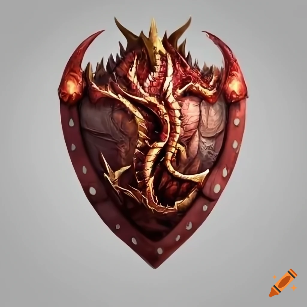 Red dragon shield artifact on white background, photorealistic 4k ultra hd on Craiyon